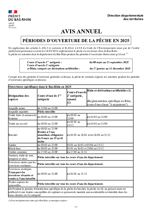 AVIS ANNUEL PERIODES D'OUVERTURE DE LA PECHE EN 2025 - Alteckendorf